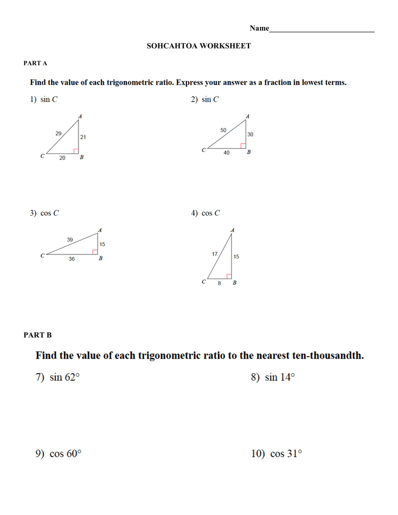 Sohcahtoa Worksheet Answers Trigonometry Lesson 1 Missing Sides In