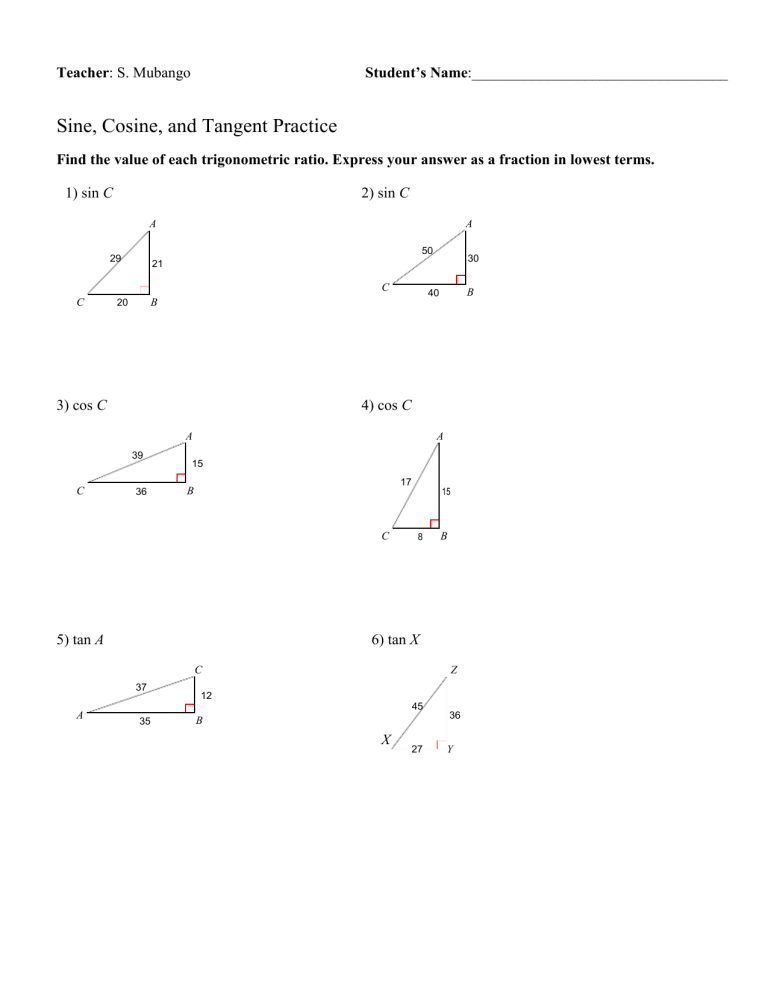 Trigonometric Ratios And Finding Missing Sides Worksheet Answers