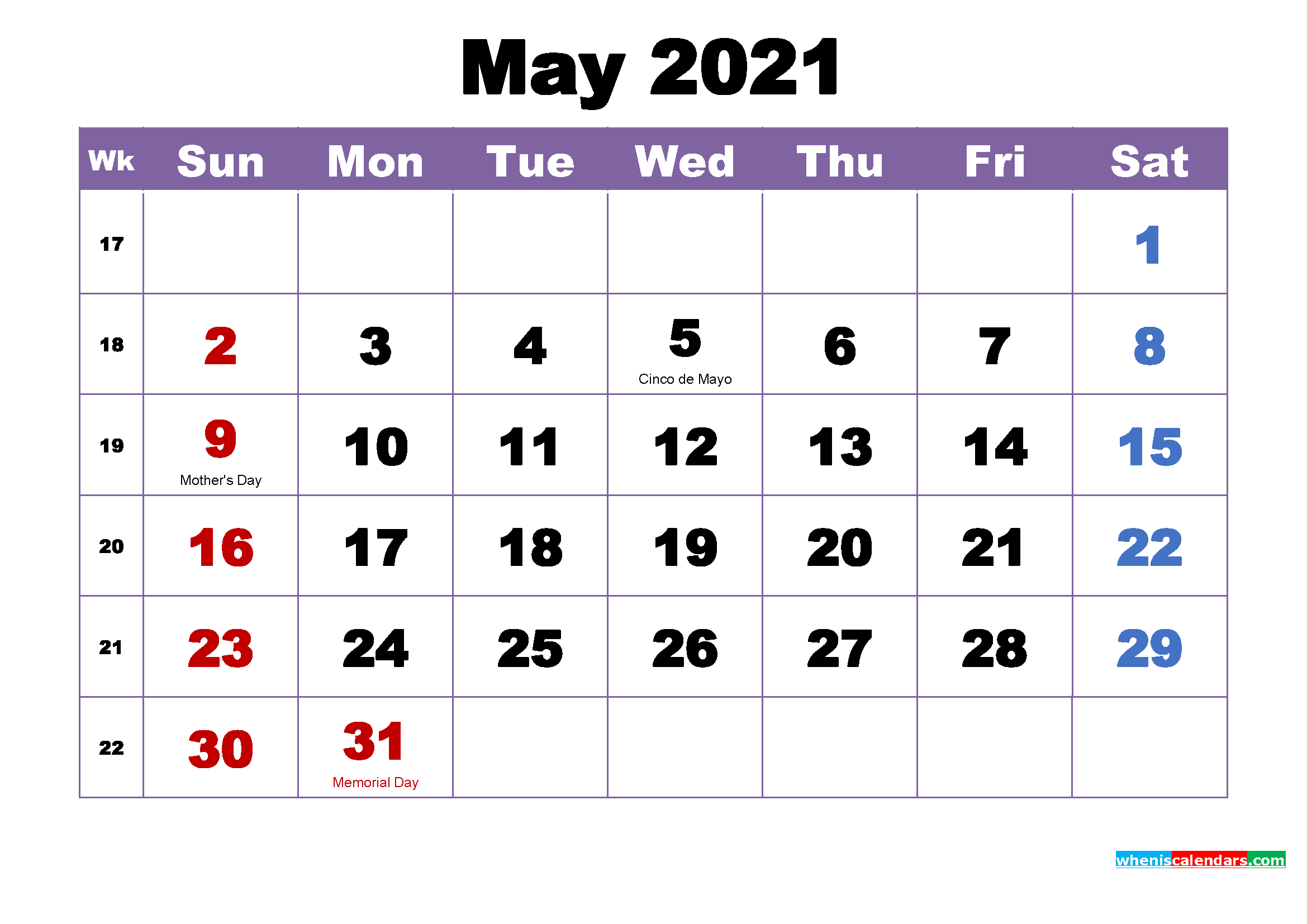 May 2021 Printable Calendar With Holidays Word Pdf 2024 Calendar