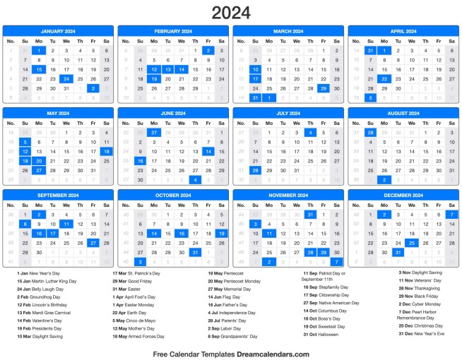 Calendar With Holidays 2024 2024 Calendar Printable