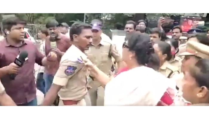 Congress Protests In Hyderabad Renuka Chowdhury Grabs The Collar Of A