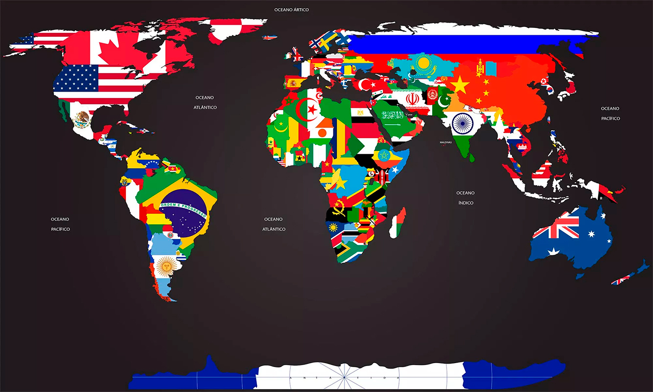 Papel De Parede Mapa Mundi Com Bandeiras E Nomes Dos Países