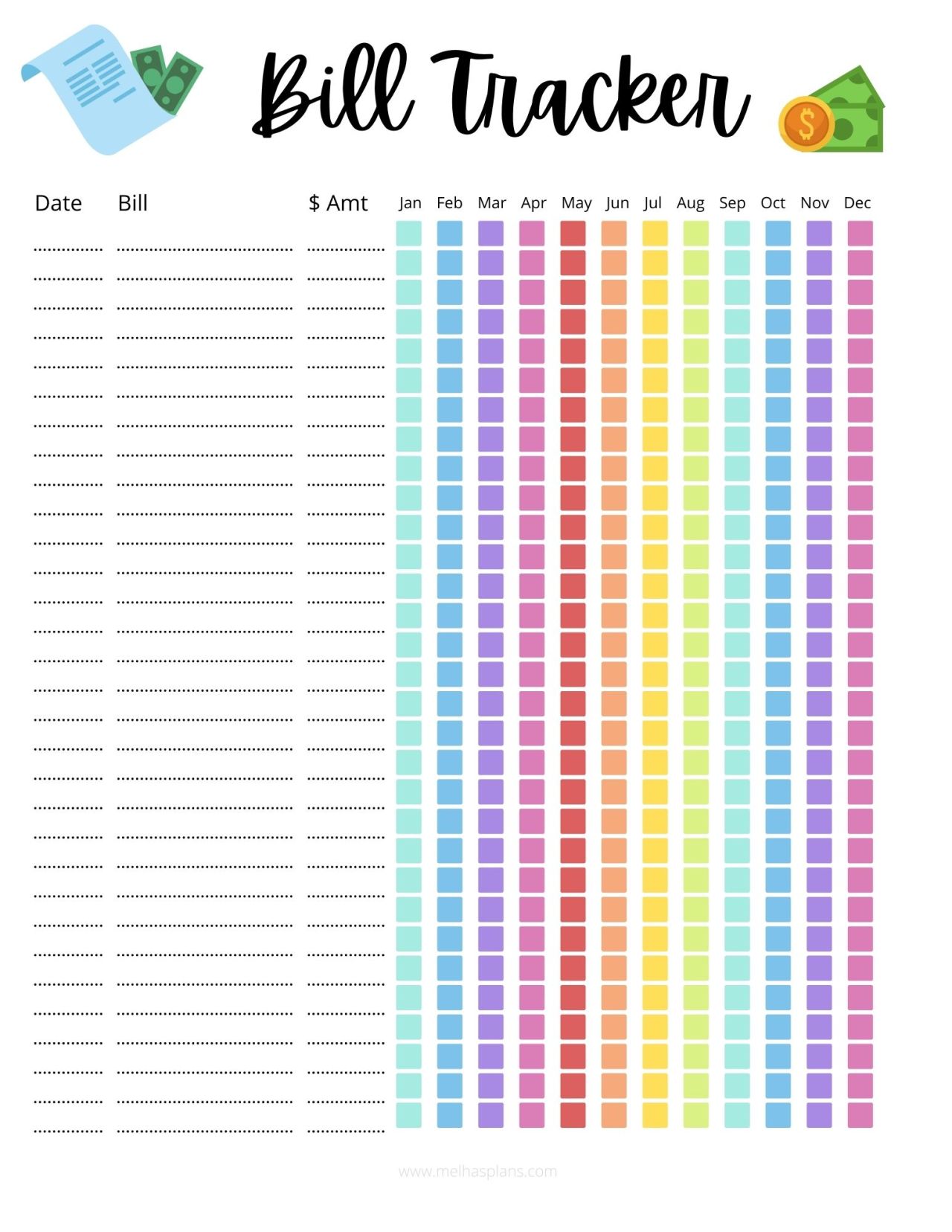 Free Printable Bill Tracker Download Melhasplans