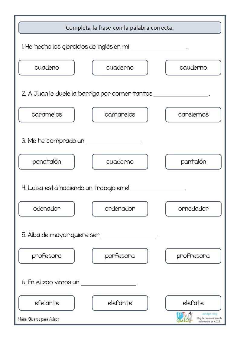 Dislexia Completa La Frase Con La Palabra Correcta Aula Pt