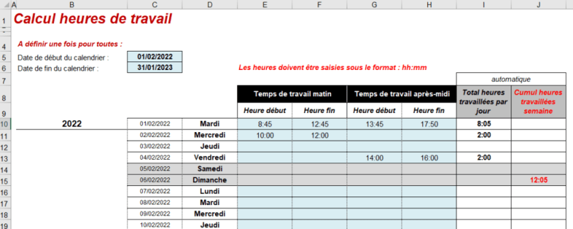 Tableau Excel Pour Calculer Les Heures De Travail Gratuit