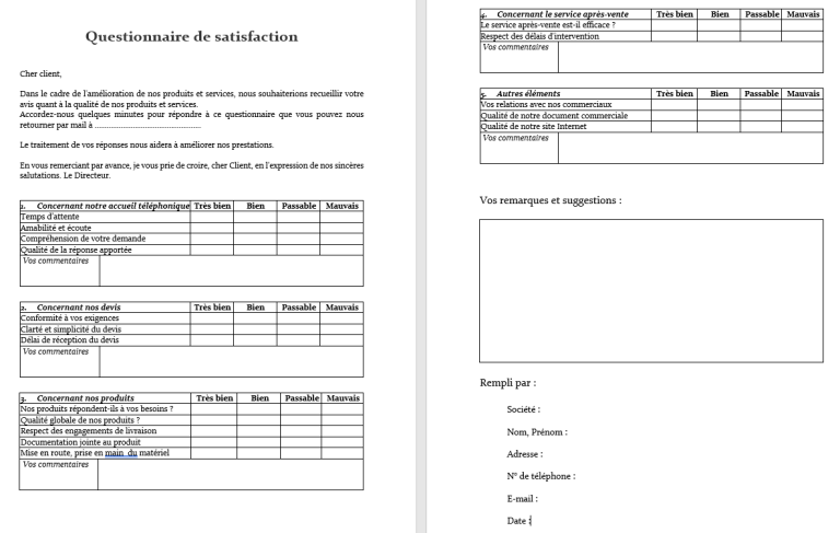 Questionnaire Satisfaction Client Word Modèle Gratuit