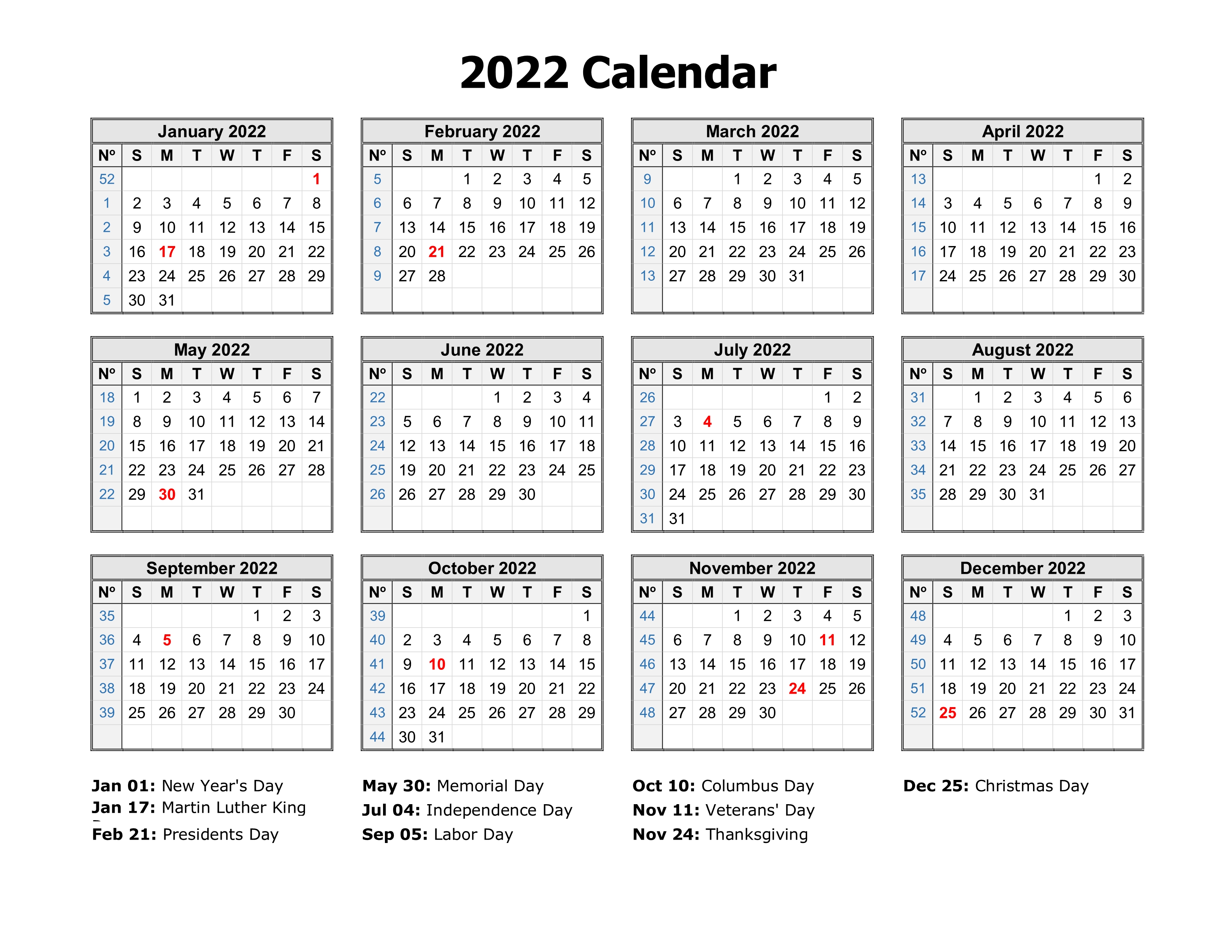 2022 Monthly Printable Calendars Free Letter Templates