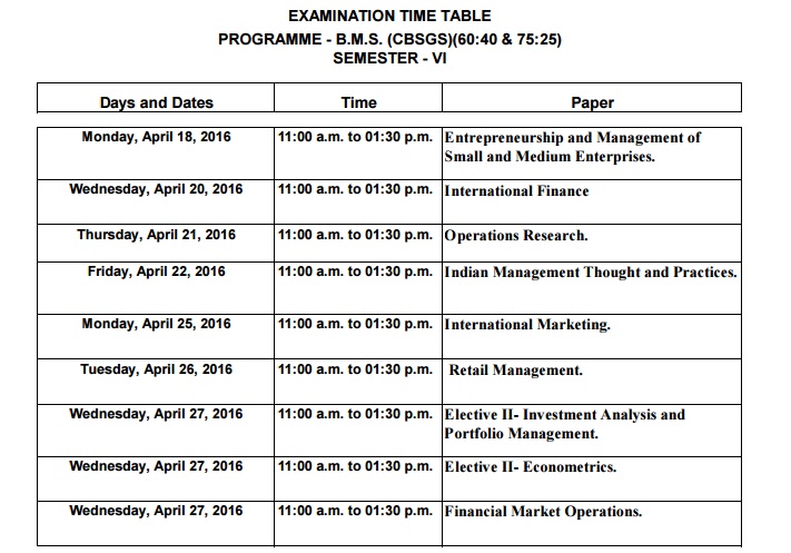 Tybms Sem 6 April 2016 Exam Timetable For Cbsgs 6040 And 7525