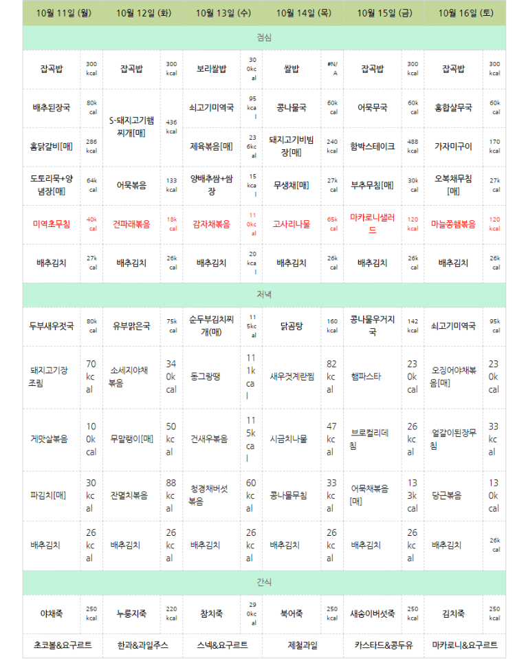 2021년 10월 둘째 주 식단표 강서 봄연세데이케어센터 강서구 양천구 주간보호센터 데이케어센터 노인유치원