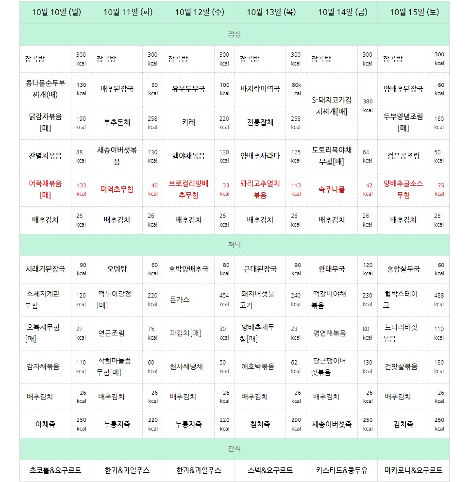 2022년 10월 둘째 주 식단표 봄연세데이케어센터 강서 주간보호센터 강서구 양천구 주간보호센터 데이케어센터