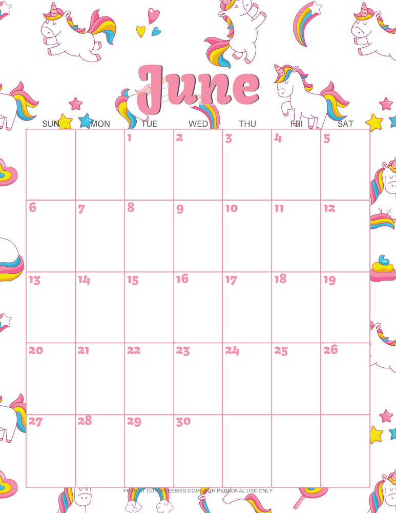 June 2021 Calendar Printable Unicorns Cute Freebies For You