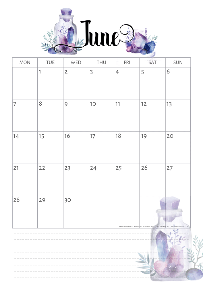 June 2021 Calendar Printable Crystals Cute Freebies For You