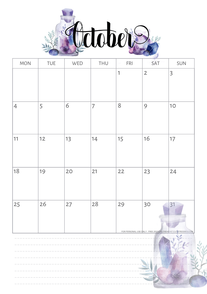 October 2021 Calendar Printable Crystals Cute Freebies For You