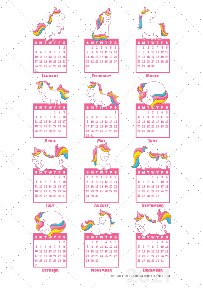 2021 Unicorn Calendar Printable Cute Freebies For You