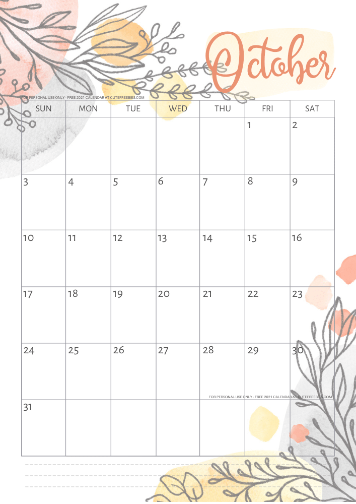 October 2021 Calendar Pretty Printable Template Cute Freebies For You