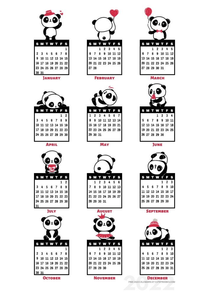 2022 Panda Calendar Printable Cute Freebies For You