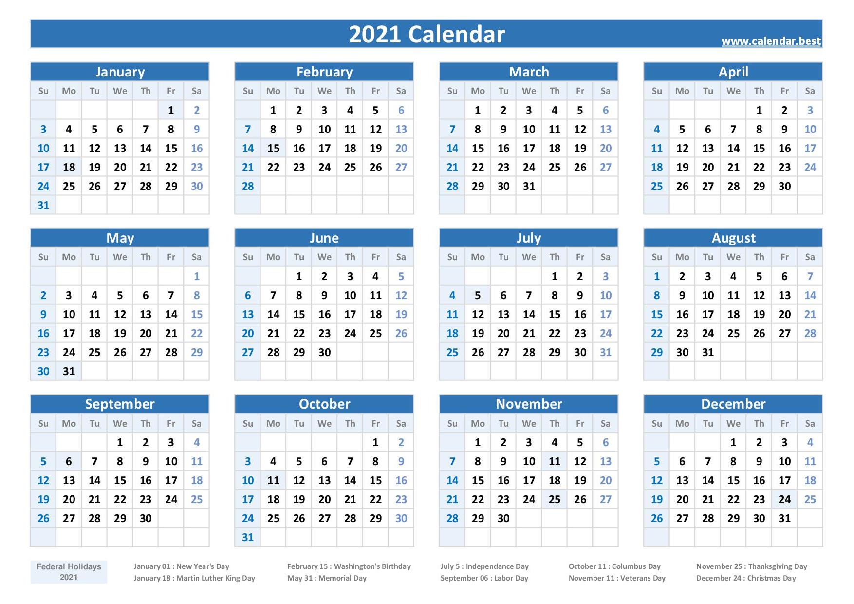 2021 Calendar With Federal Holidays Printable Free Download Printable