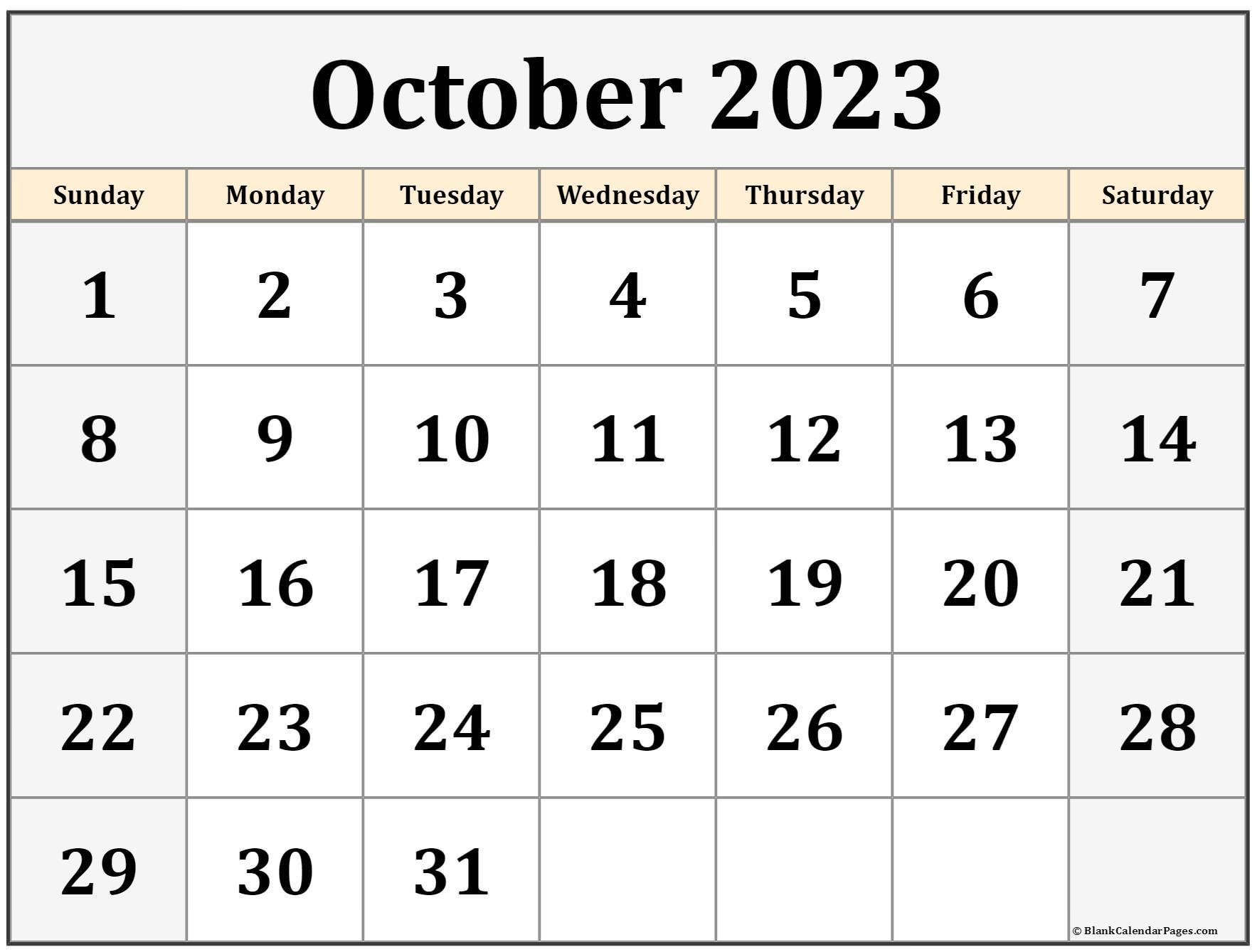 October 2023 Free Printable Calendar