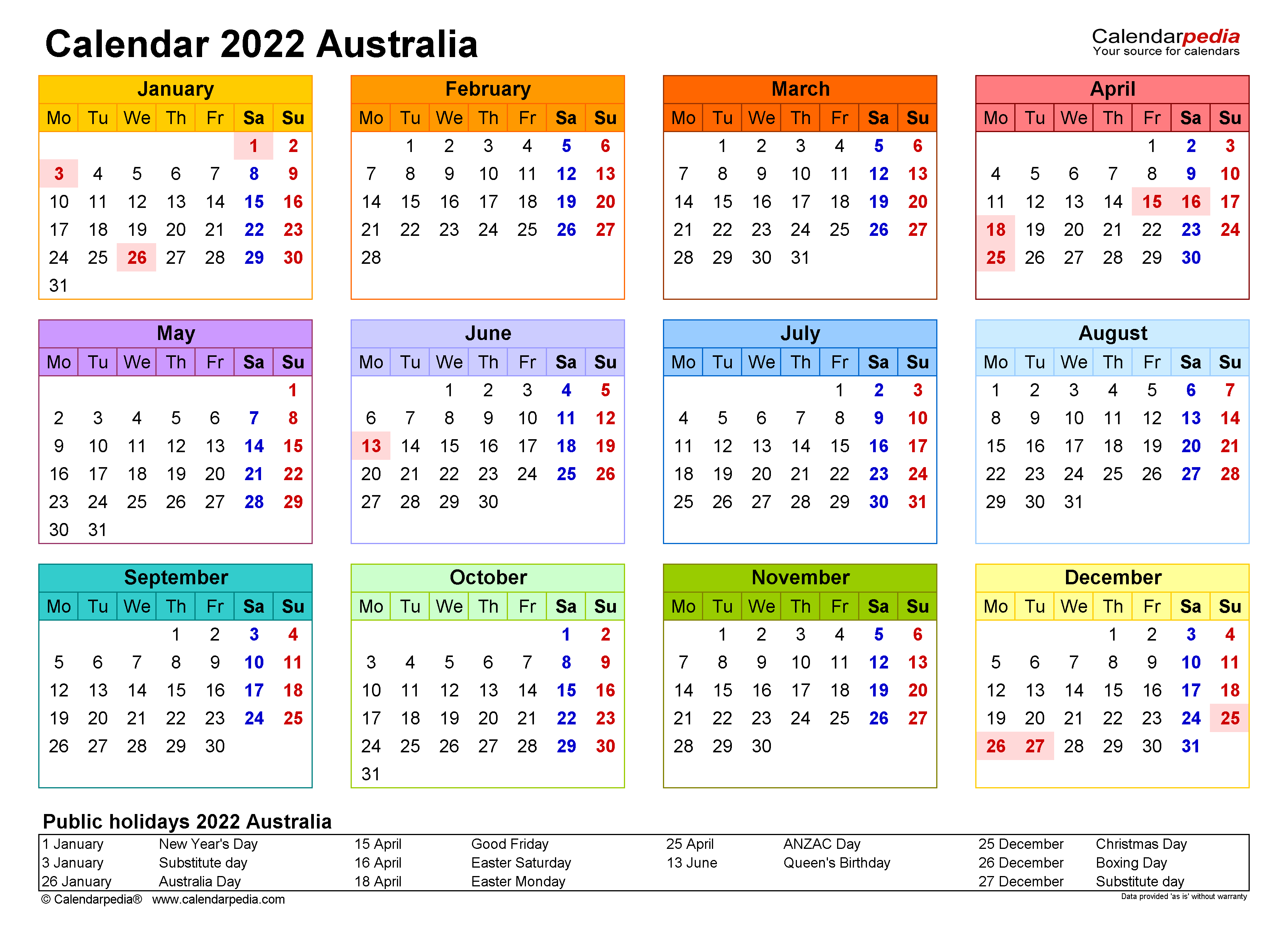 2022 Australia Annual Calendar With Holidays Free Printable Templates