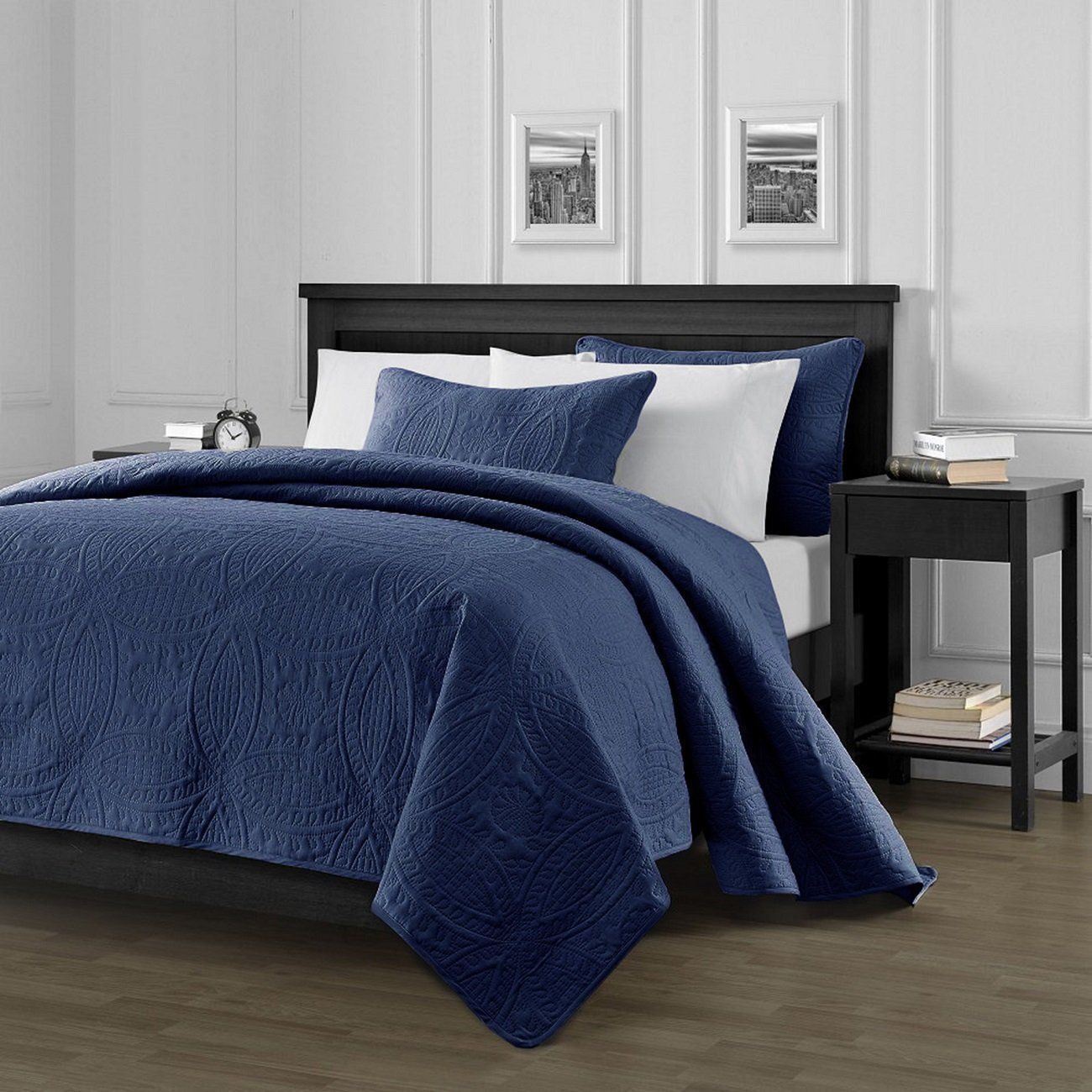 Queen King Size Navy Blue Embossed Oversized 3 Pc Quilt Set Coverlet