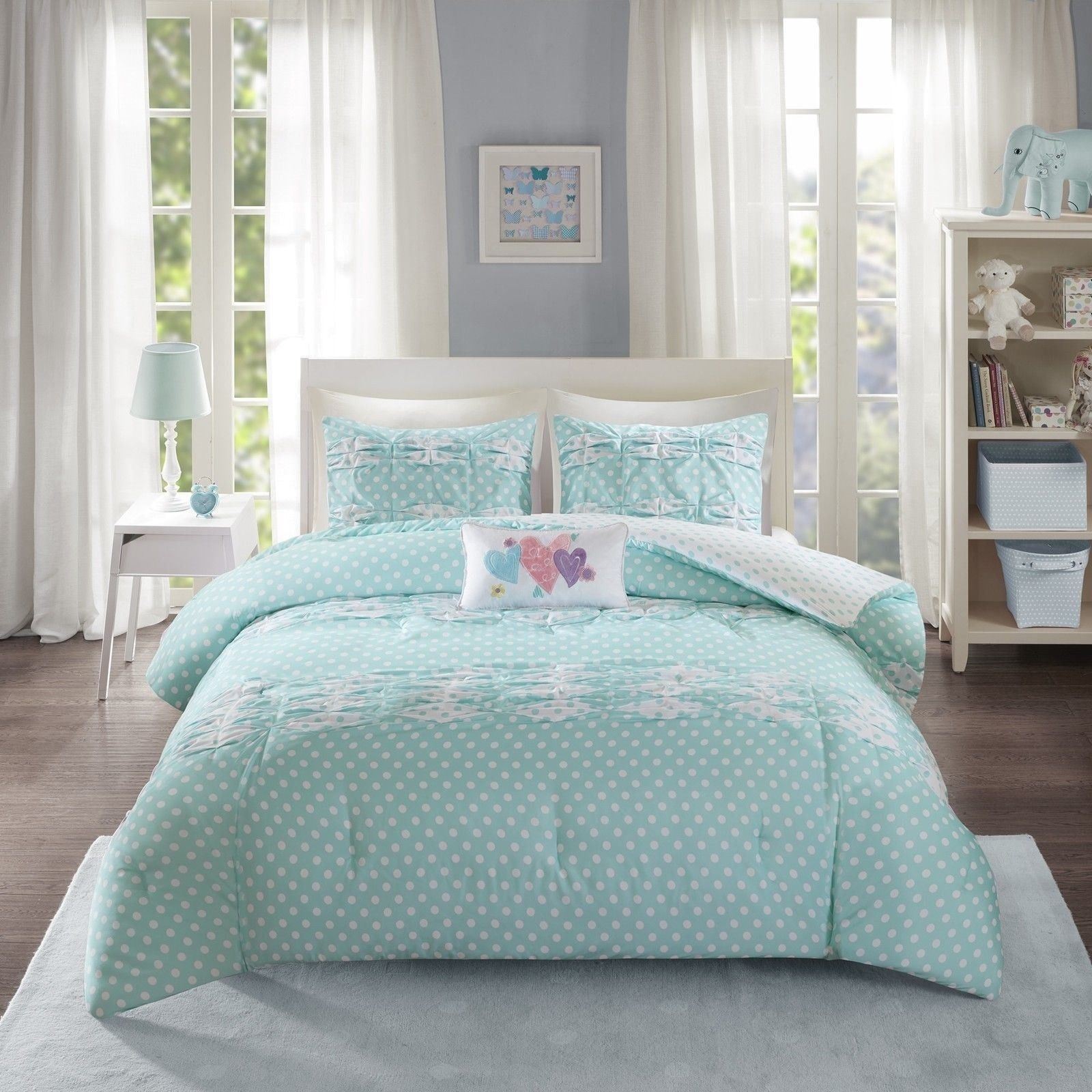 Twin Xl Full Queen Aqua Blue White Polka Dot Hearts 4 Pc Comforter Set