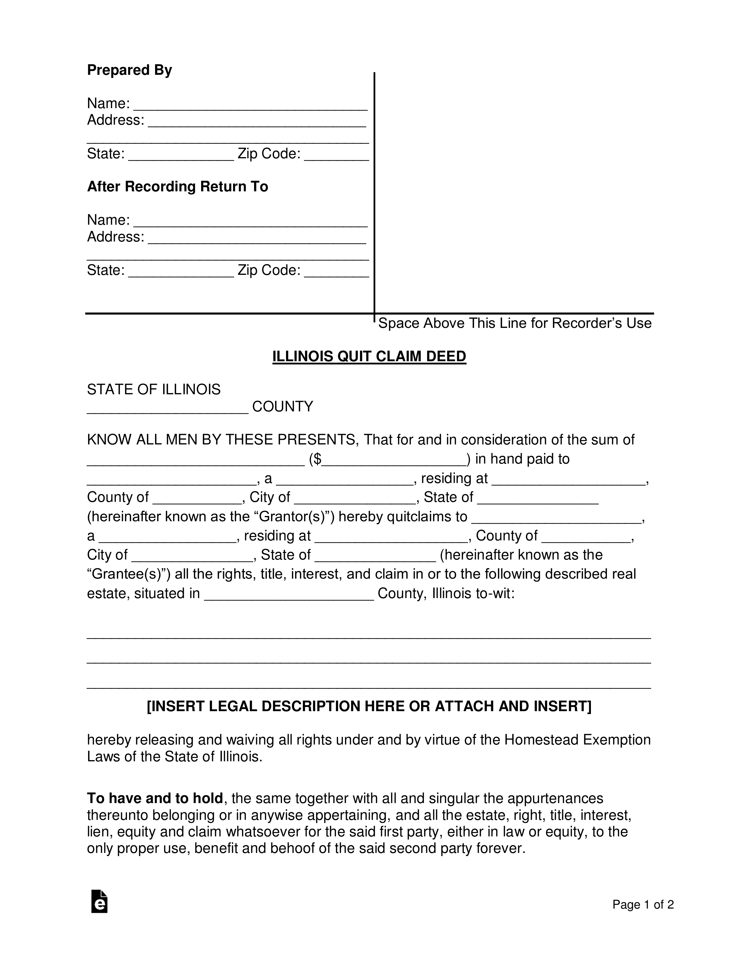 Free Illinois Quit Claim Deed Form Word Pdf Eforms