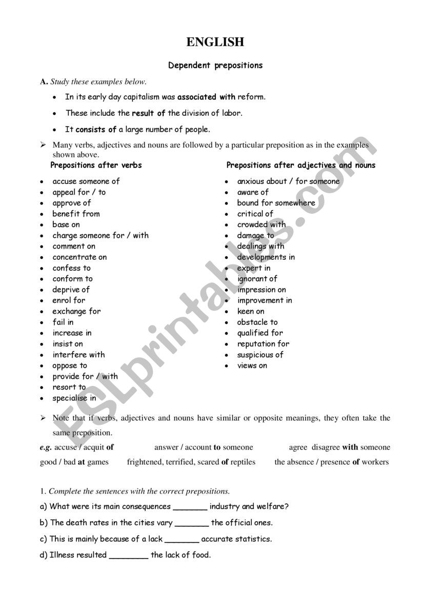 Esl Dependent Prepositions Worksheet Preposition Worksheets