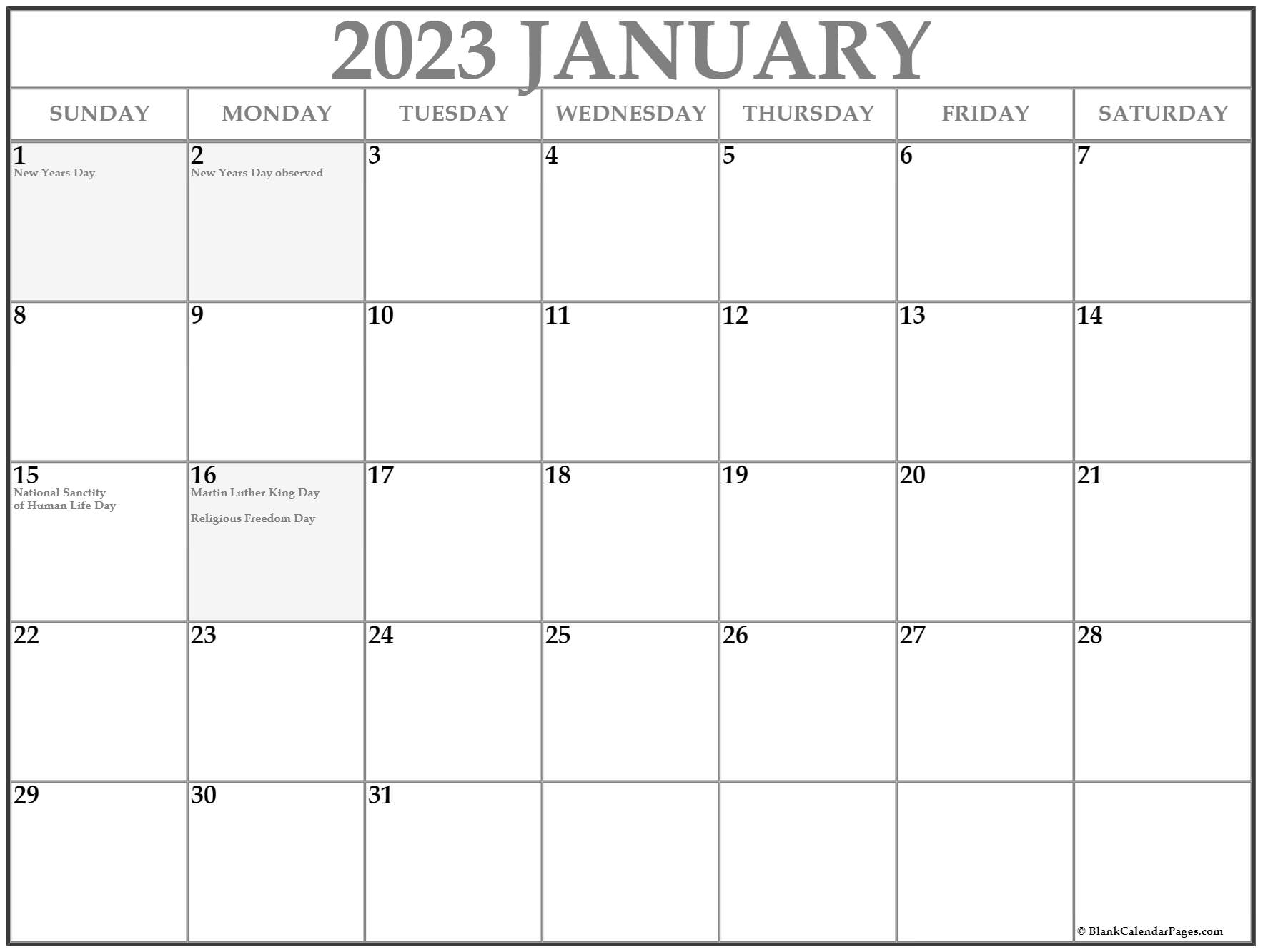 Free Blank Calendar 2023 With Holidays Printable 2023