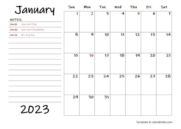 2023 Blank Calendar Template With Notes 2024