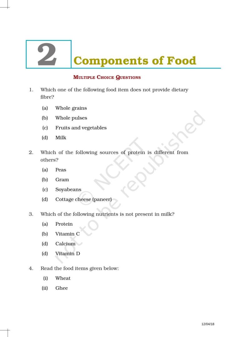 Ncert Exemplar Book For Class 6 Science Chapter 2 Components Of Food