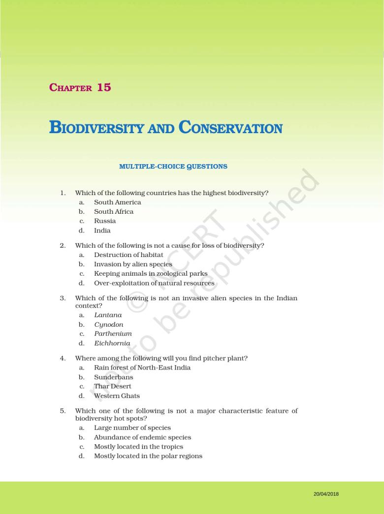 Ncert Exemplar Book For Class 12 Biology Chapter 15 Biodiversity And