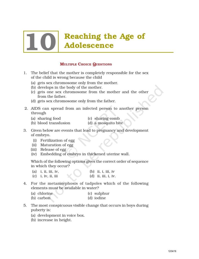 Ncert Exemplar Book For Class 8 Science Chapter 10 Reaching The Age Of