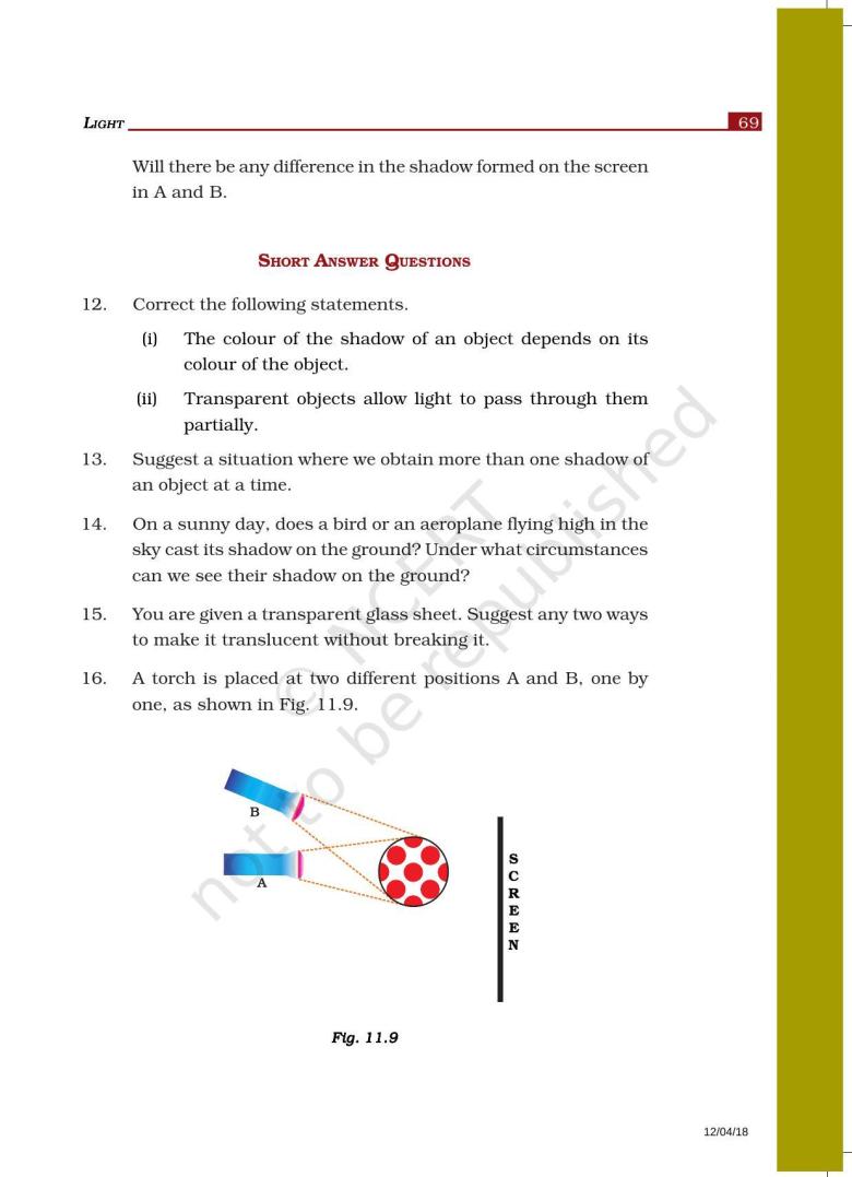 Ncert Exemplar Book For Class 6 Science Chapter 11 Light Shadows And