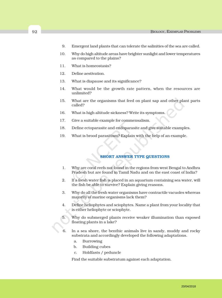 Ncert Exemplar Book For Class 12 Biology Chapter 13 Organisms And