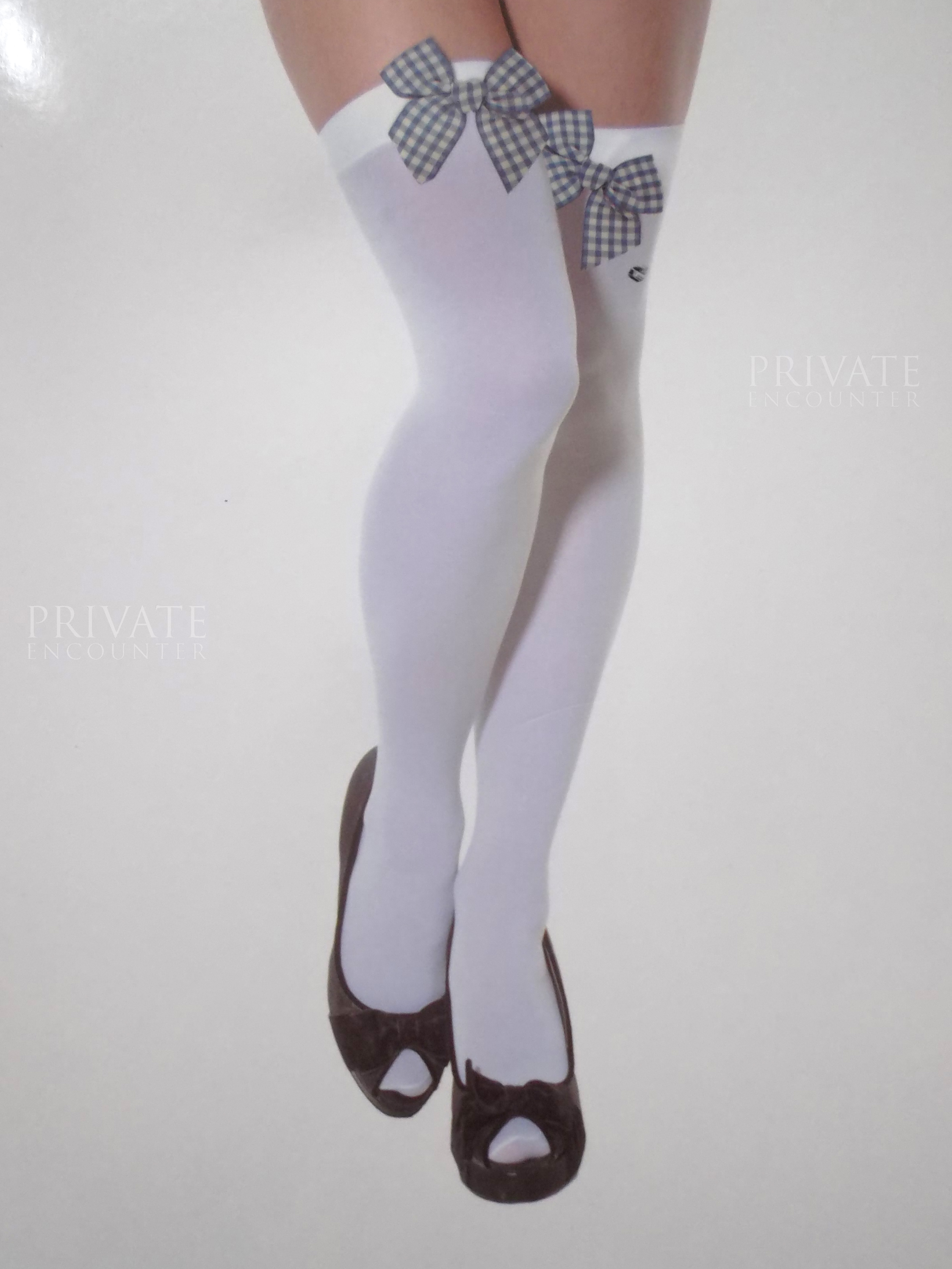 White Thigh High Over Knee Stockings Hold Ups With Blue And White Check