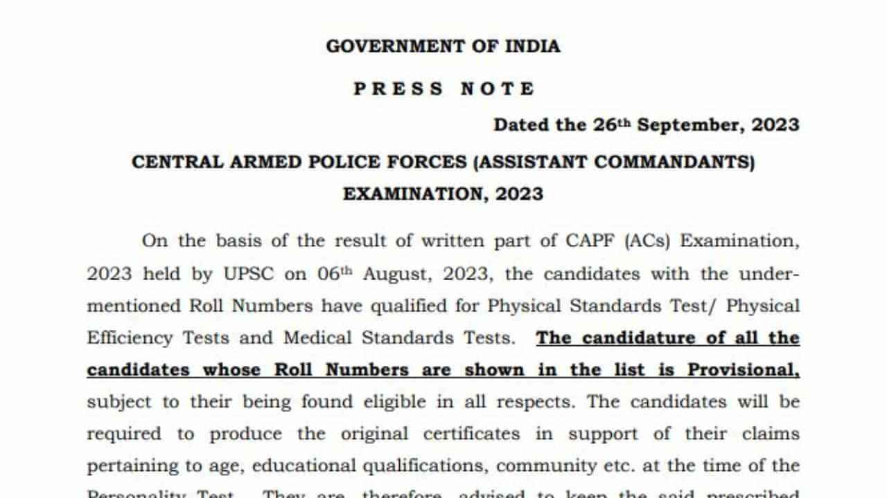 Upsc Capf Assistant Commandant Result 2023 Ac Cut Off Marks And Merit