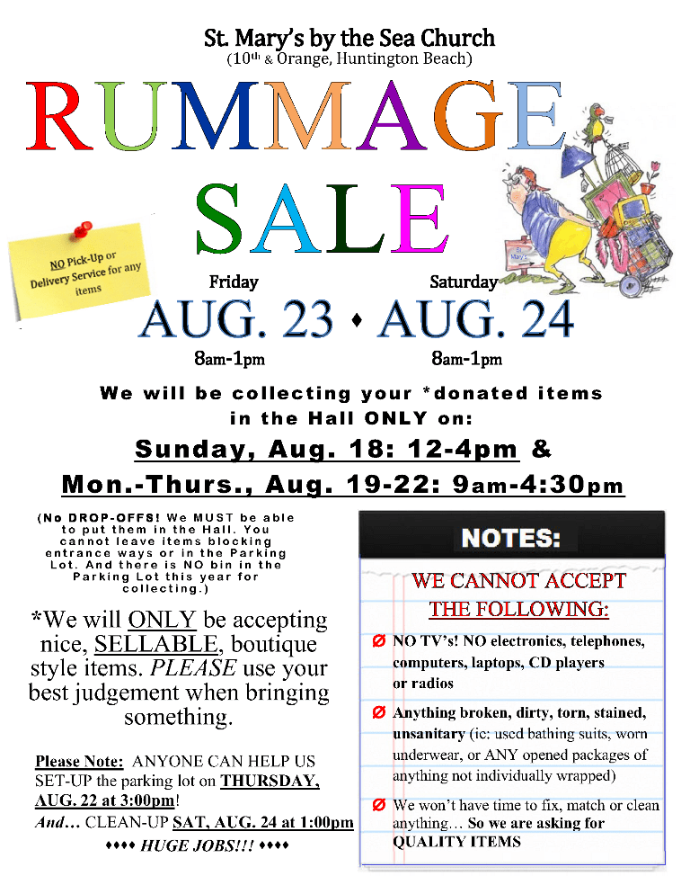 Parish Rummage Sale Aug 23 And 24 St Marys By The Sea Roman Catholic