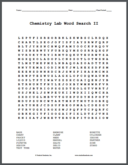 Chemistry Lab Terms Word Search Puzzles Student Handouts Element Word