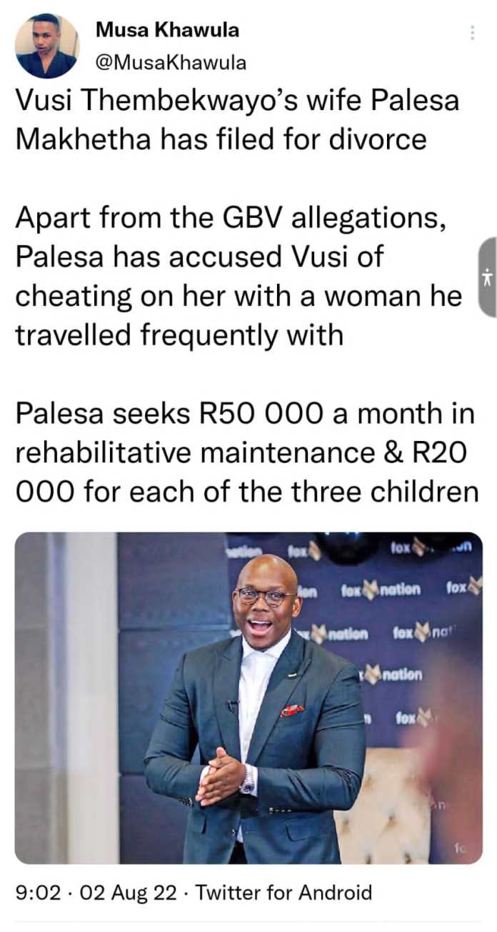 Vusi Thembekwayos Wife Palesa Demands R110 000 In Maintenance South