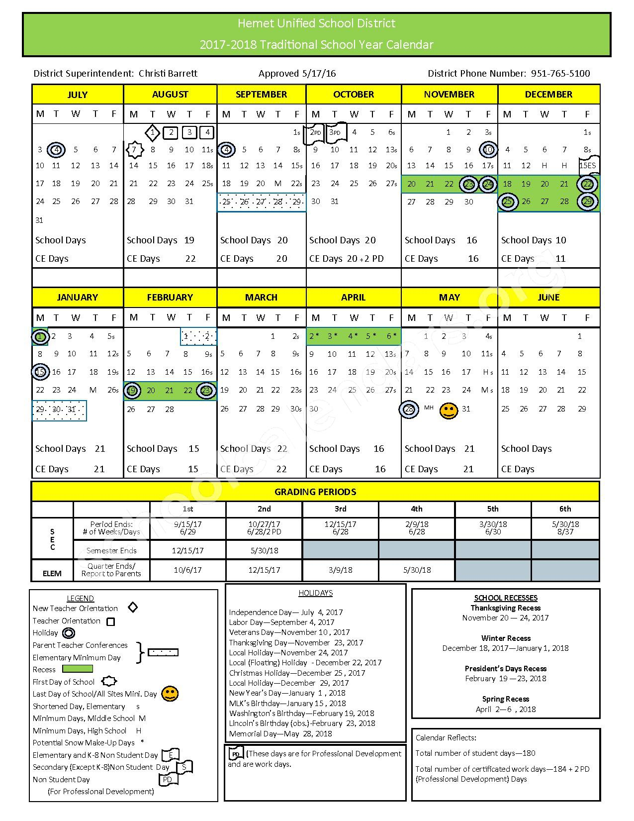 Hemet Unified School District School Calendar 2024
