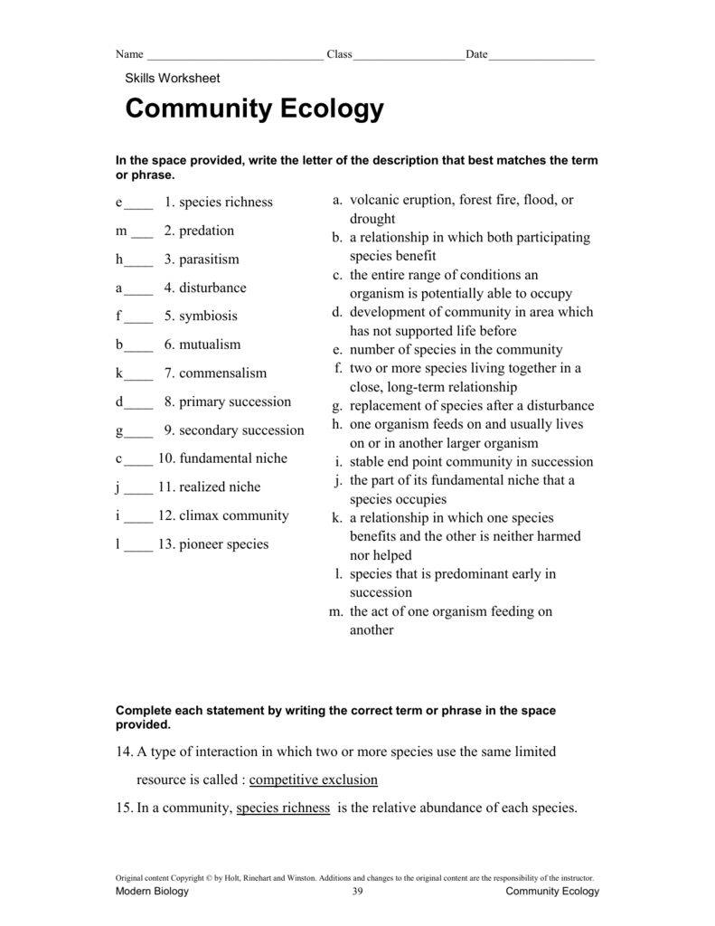 Skills Worksheet Community Ecology Answer Key