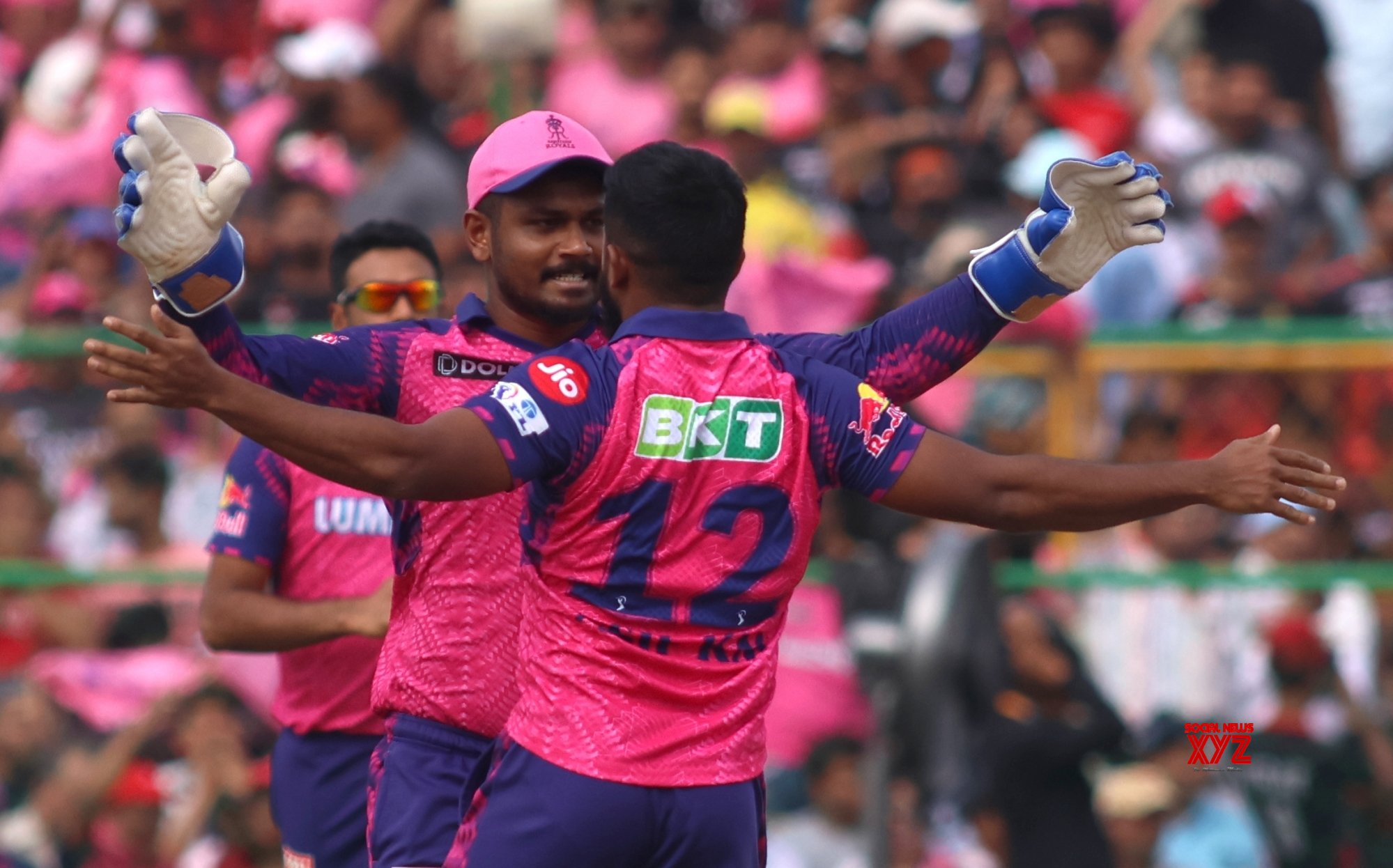 Jaipur Rrs Bowler Km Asif With Team Captain Sanju Samson Celebrate