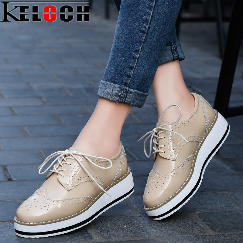 Keloch New Women Oxfords Flats Platform Shoes Patent Leather Female