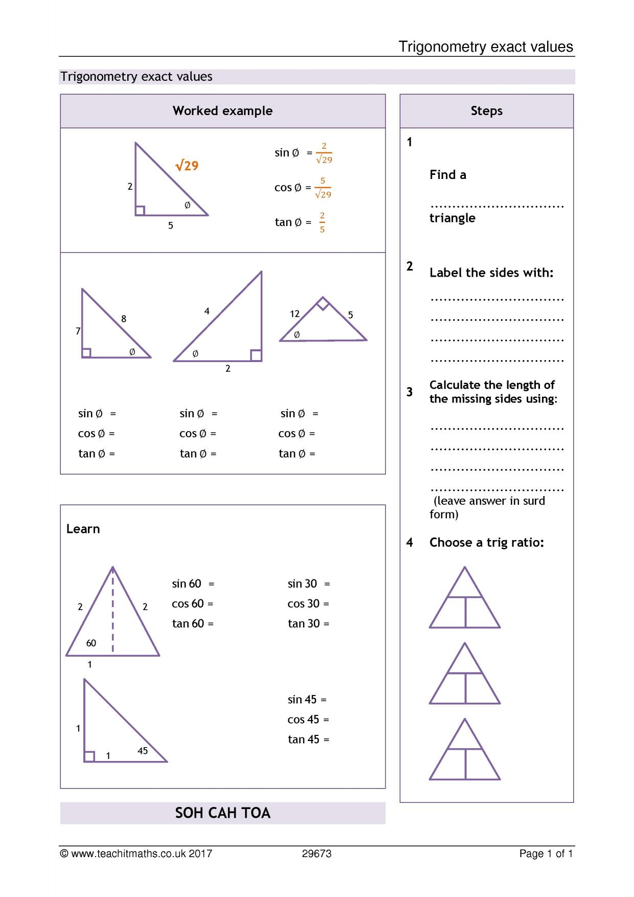 Trigonometric Ratios Sohcahtoa Worksheet Sine Cosine Tangent