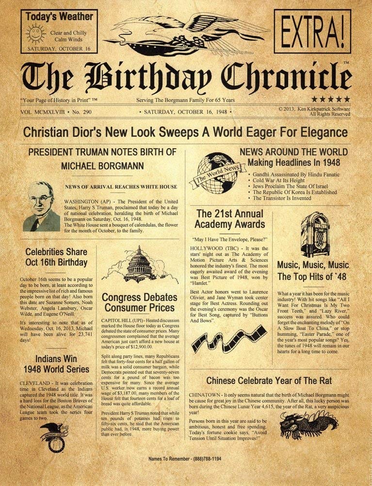 Printable Birthday Newspaper With Facts From The Day You Were Born