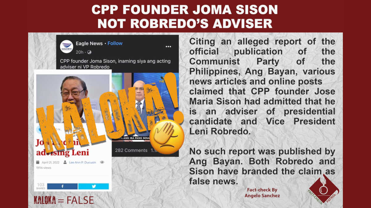 Cpp Founder Joma Sison Not Robredos Adviser