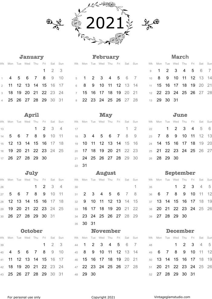 Doodled Annual Calendar 2021 Free Printable