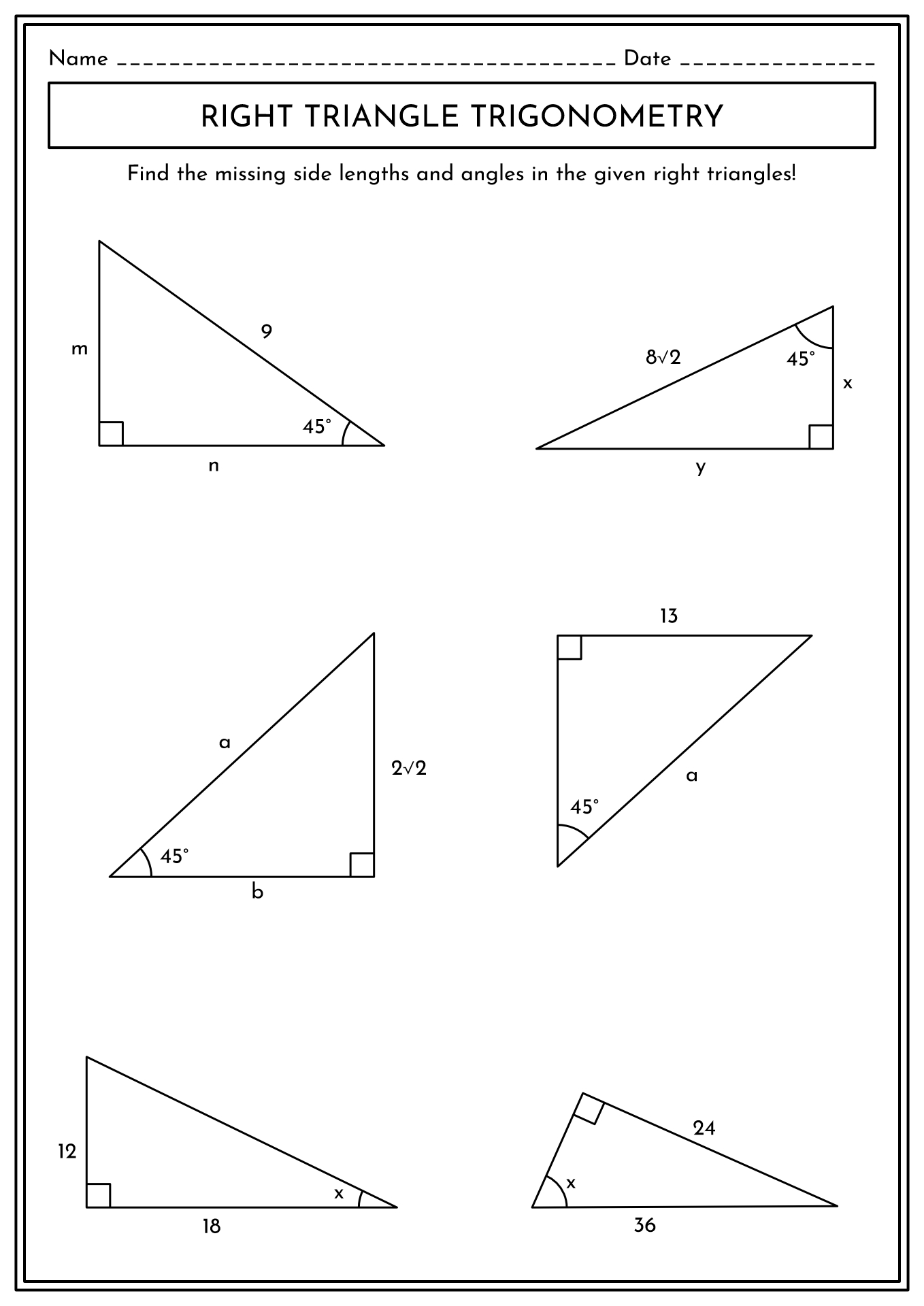 Geometry Worksheet Practice Solving Right Triangles Printable