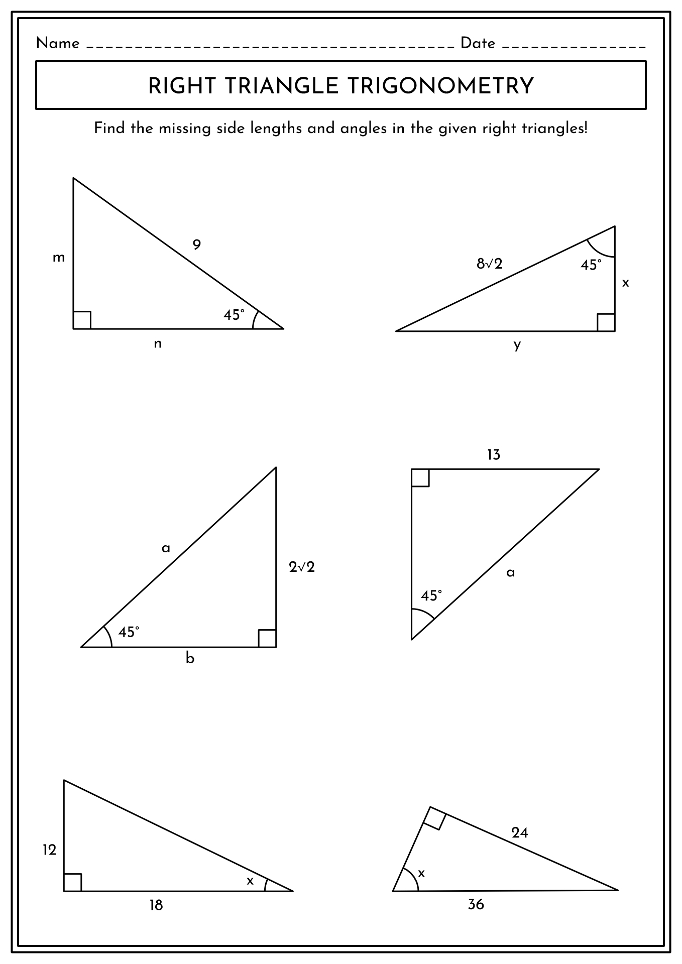 Right Triangle Trigonometry Worksheet Answers