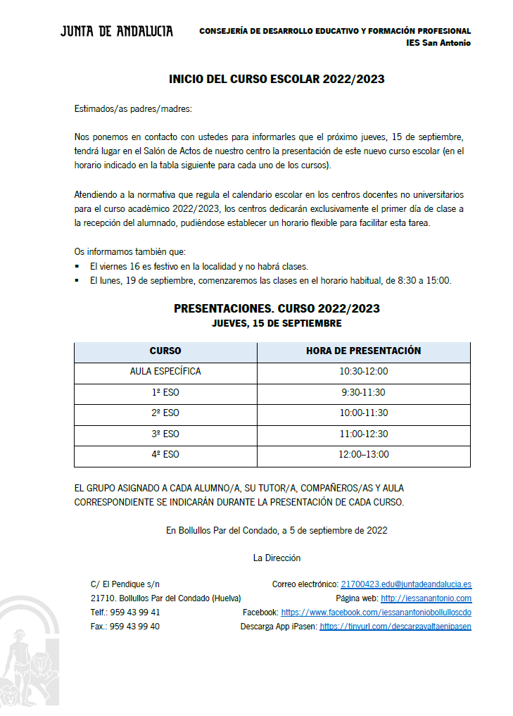 Horario De Presentaciones Inicio Del Curso Escolar 20222023 Ies San